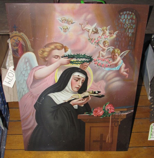 22: RELIGIOUS LITHOGRAPH OF NUN W/ANGELS 1070