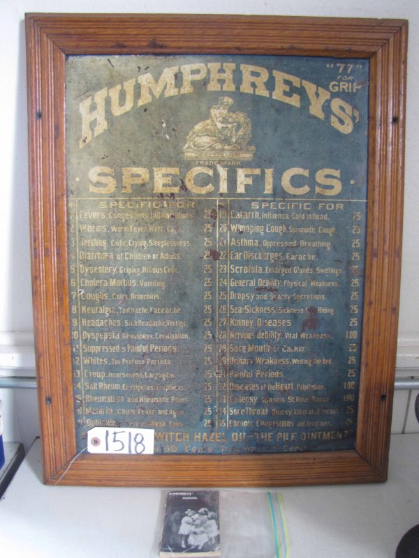 100: OLD TIN HUMPHREYS SPECIFICS PHARMACY SIGN 1518