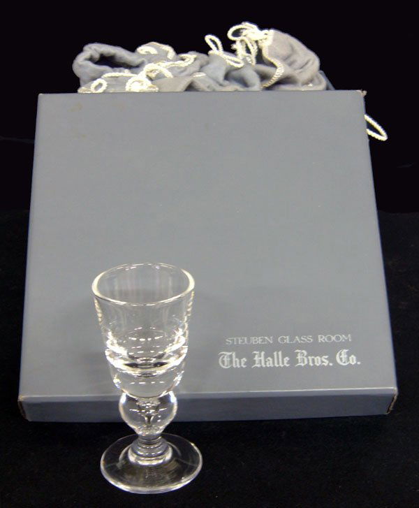 414: 12 Steuben teardrop brandys. Script Steuben mark.