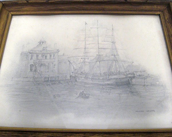 Pencil Drawing Of A Harbor Scene By Allen Hawks
