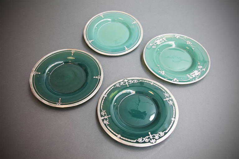 4 French Sterling Overlay Green Opalescent Plates