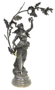 Sentier Fleuri, 19th C. Auguste Louis Moreau Signed Bronze Statue / Lamp