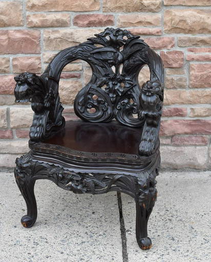 19thc. Japanese Heavily Carved Wood Arm Chair