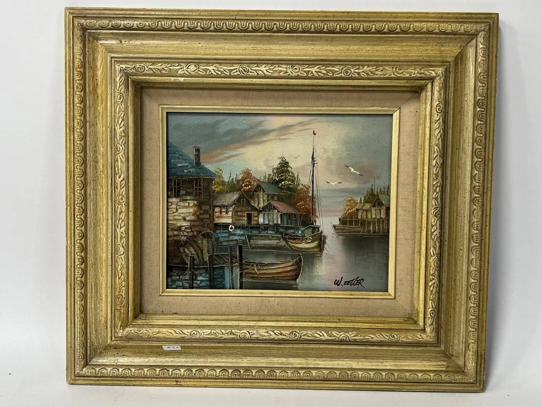 W.zeller. Oil On Board. Harbor Scene Sgd. Auction
