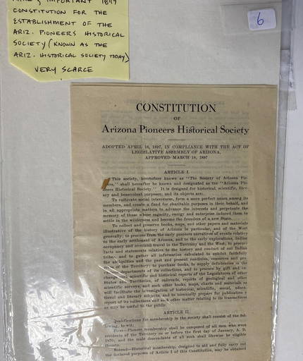Rare 1897 Constitution For Arizona Pioneers Historical Society
