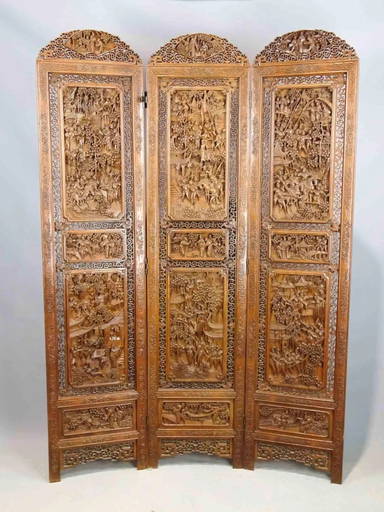 Asian Wood Carved 3 Panel Dressing Screen