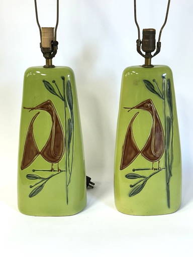 Pair Of Mid Century Modern Avocado Ceramic Table Lamps