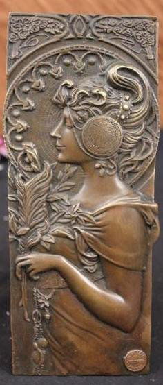 Mucha; Art Nouveau bronze bas relief plaque