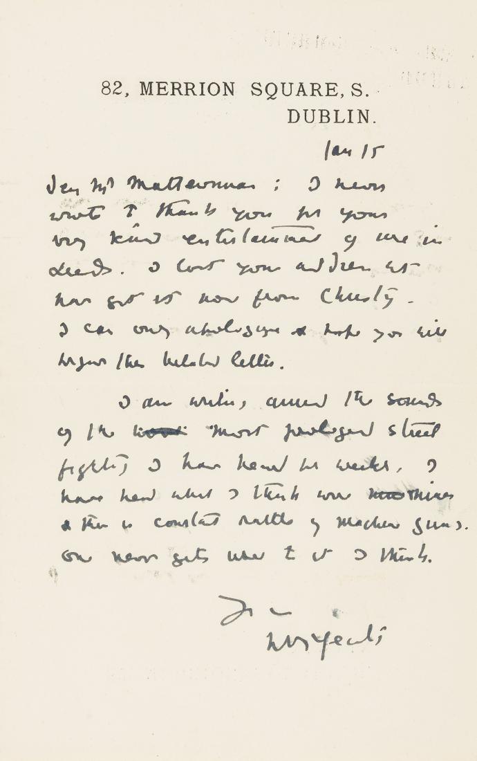 Yeats (William Butler) Autograph Letter signed, 1923.