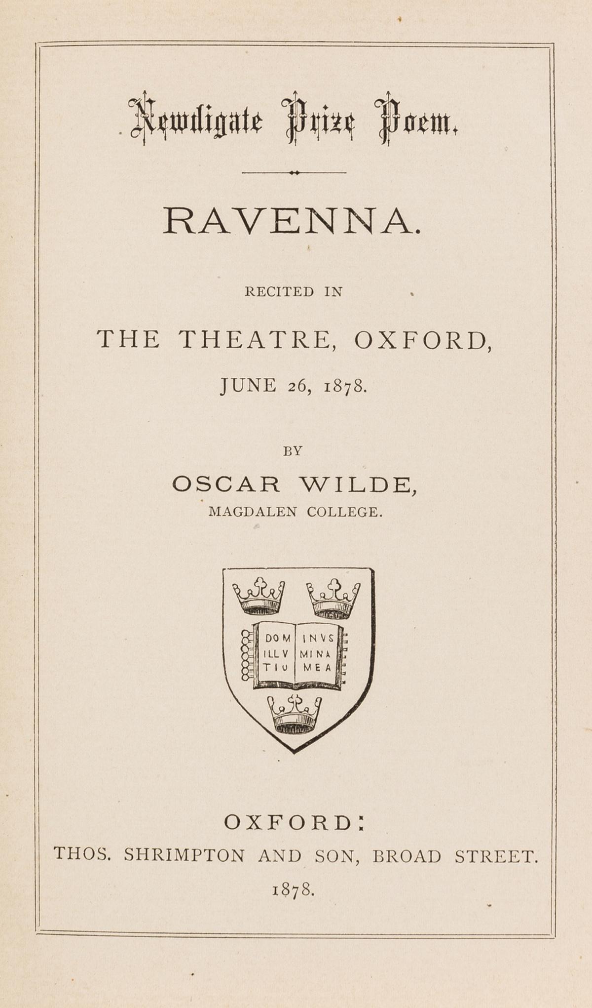 Wilde (oscar) Newdigate Prize Poem. Ravenna, First