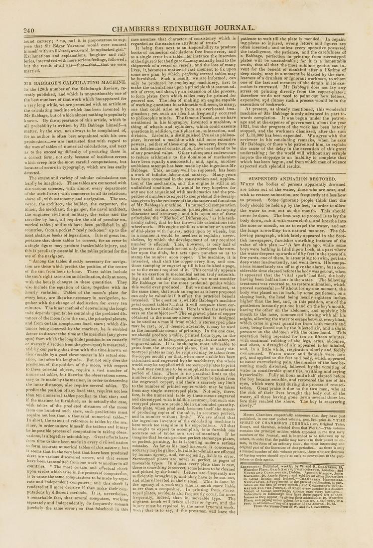 Babbage (charles). Mr Babbage's Calculating Machine, Edinburgh, 1834.