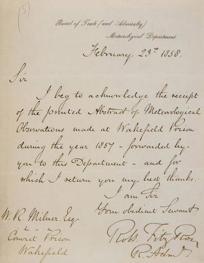Meteorology. Fitzroy (robert) Autograph Letter Signed, 1858.