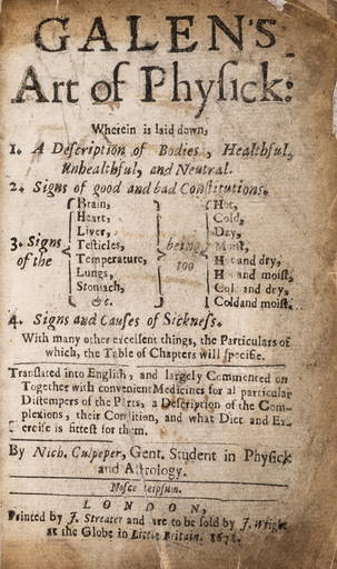 Medicine. Galenus (claudius) Galen's Art Of Physick...translated Into ...