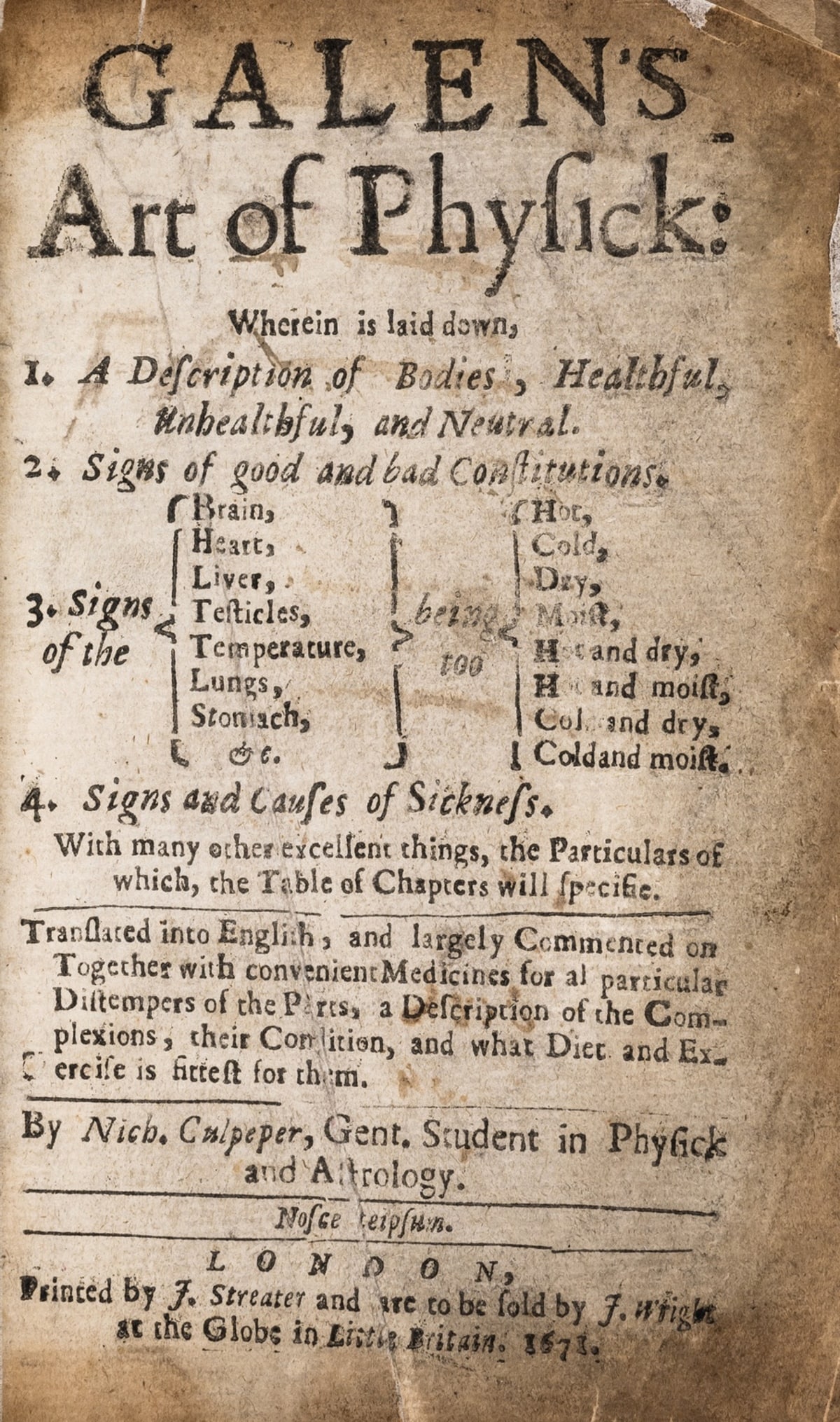 Medicine.- Galenus (claudius) Galen's Art Of Physick...translated Into ...