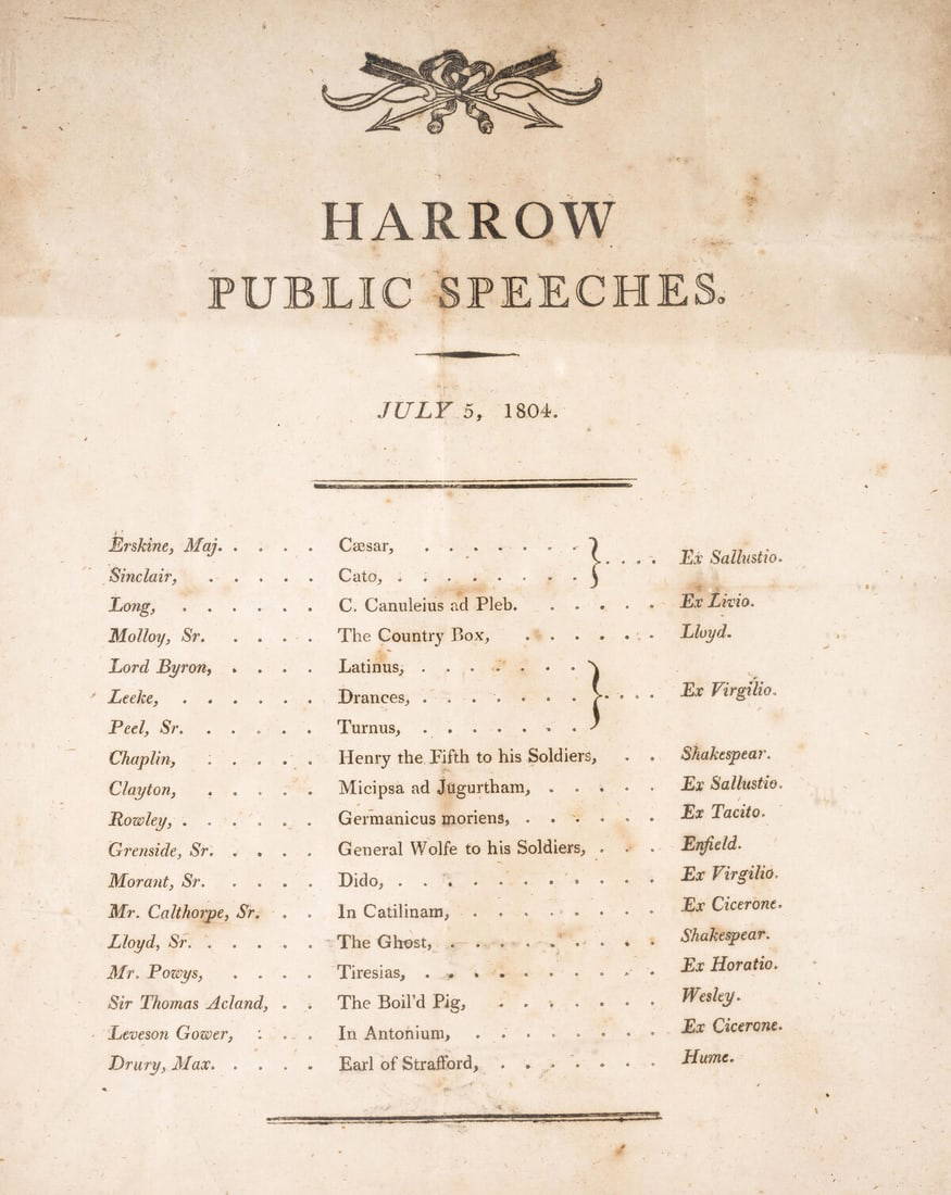 Byron.- Flyer For Harrow Public Speeches, Featuring A Teenage Lord ...