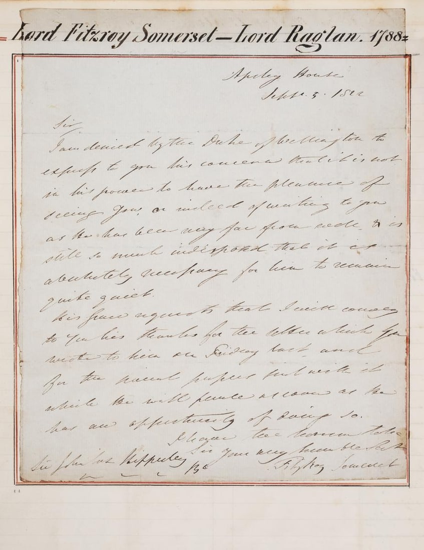 Duke Of Wellington.- Somerset (fitzroy, First Baron Raglan) Autograph ...