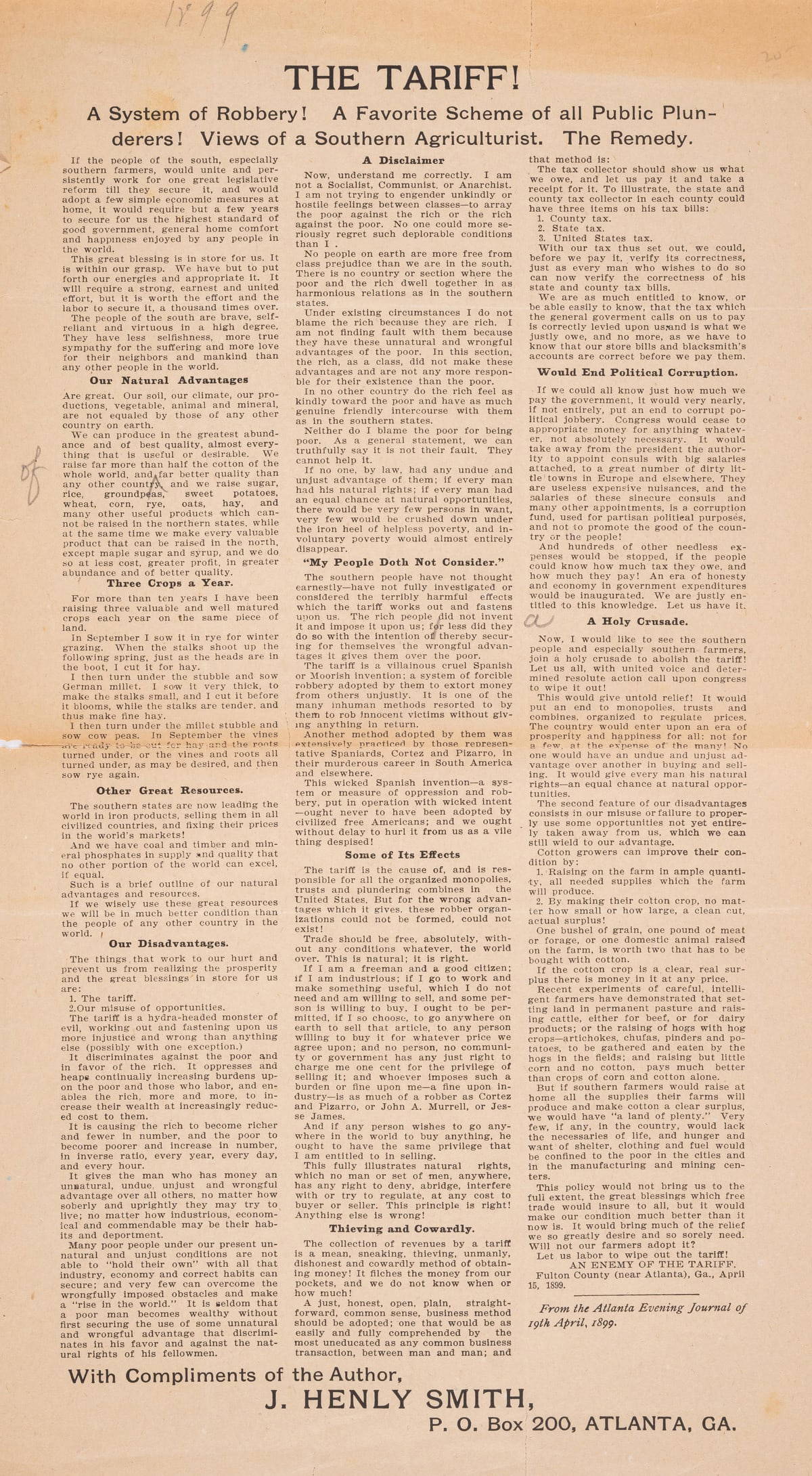 America.- Tariffs!.- Smith (j. Henly), "a Southern Agriculturalist ...