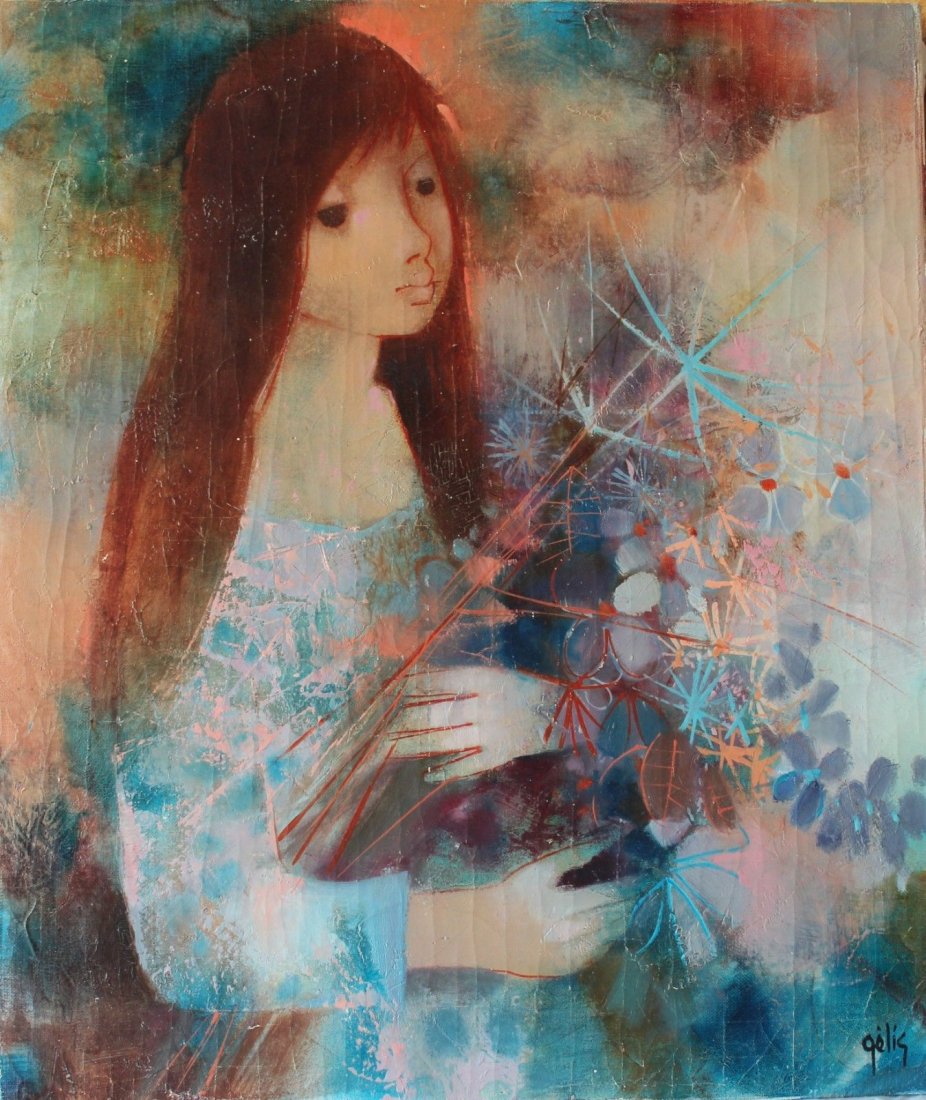Daniel Gelis (French, born1942) 'Blue Girl with Flowers