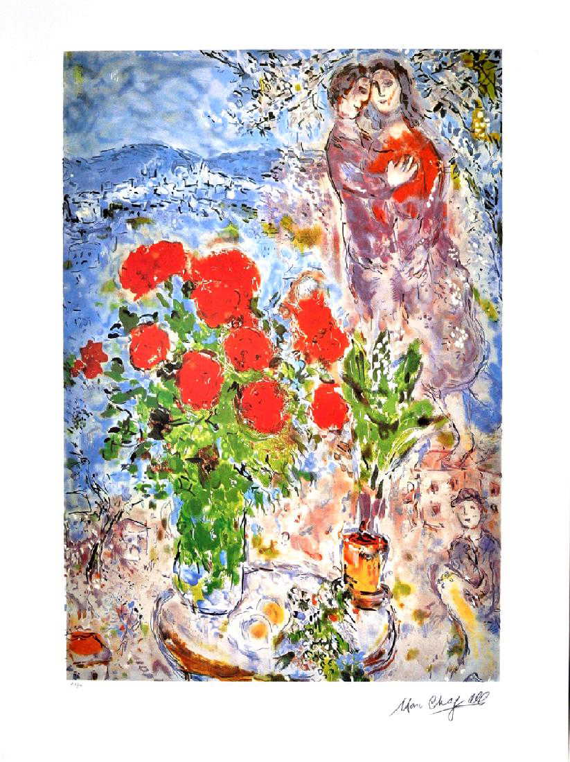 Marc Chagall Red Bouquet With Lovers Lithograph I378