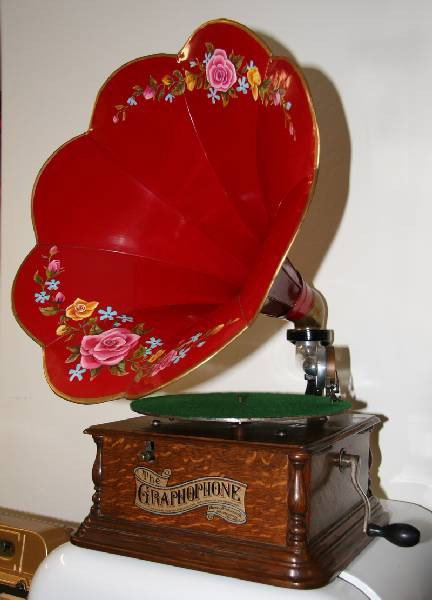 Antique Oak Phonograph w/Vivid Red Morning Glory Horn