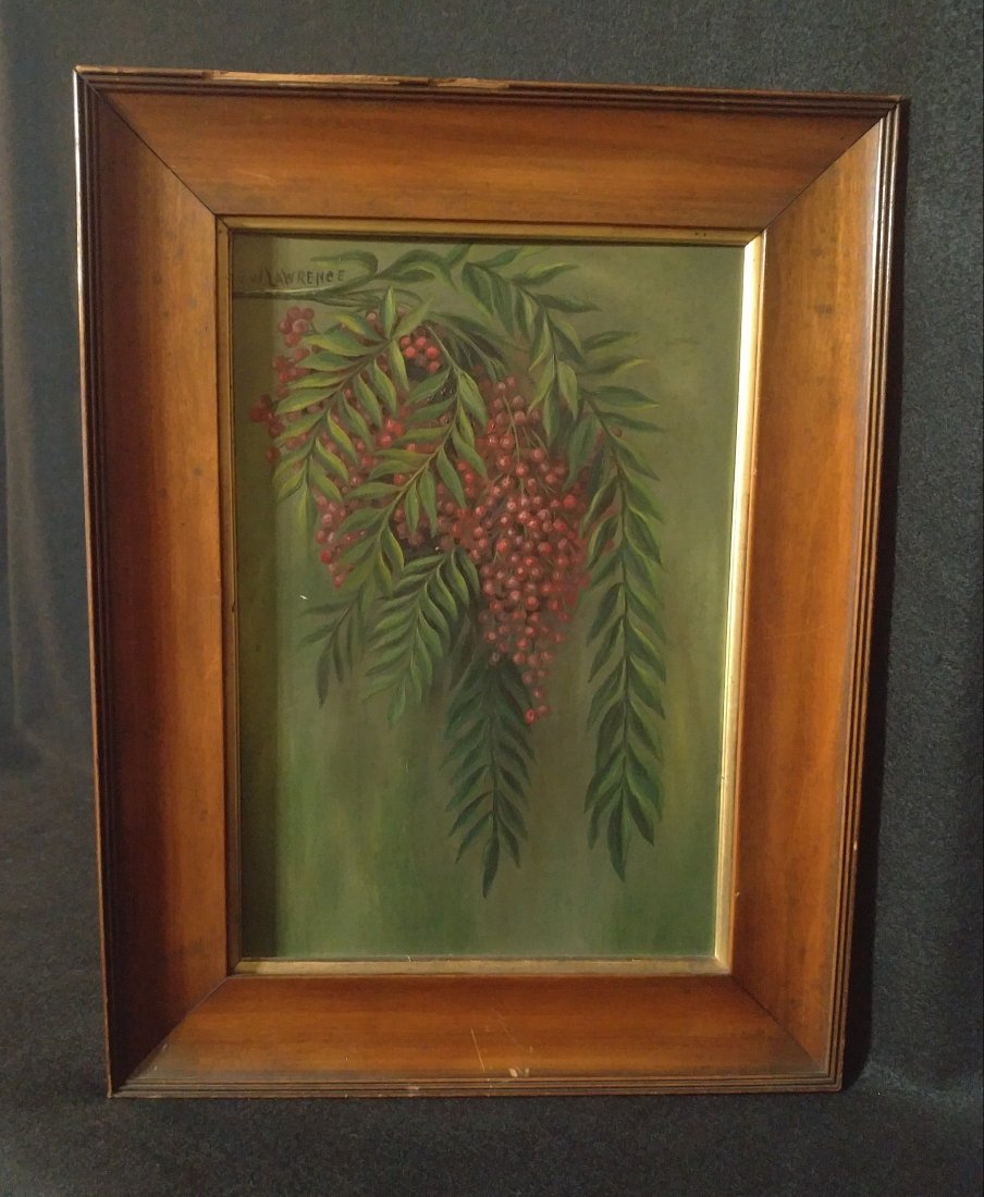 1800s Holly Bush Painting On Board Signed Lawrence Fram