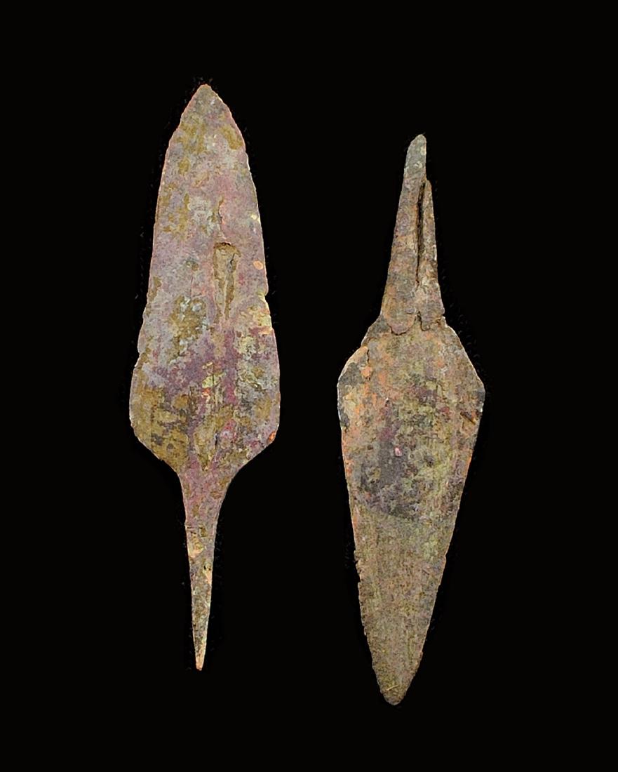 2 copper Rat Tail Arrowheads, Wisconsin, longest is 2