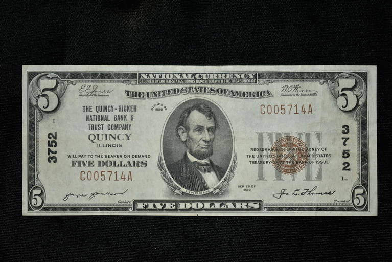 5 Dollar Bill, 1929, Quincy Ricker National Bank