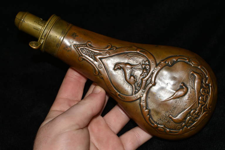 Antique Dog And Pheasant Mid 1800's Powder Flask
