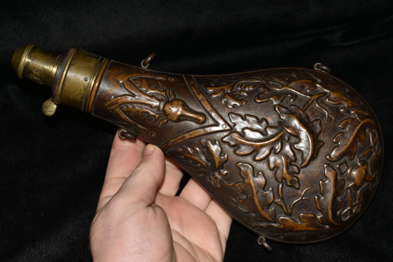 Antique 10" Deer And Fox Powder Flask, Mid 1800's