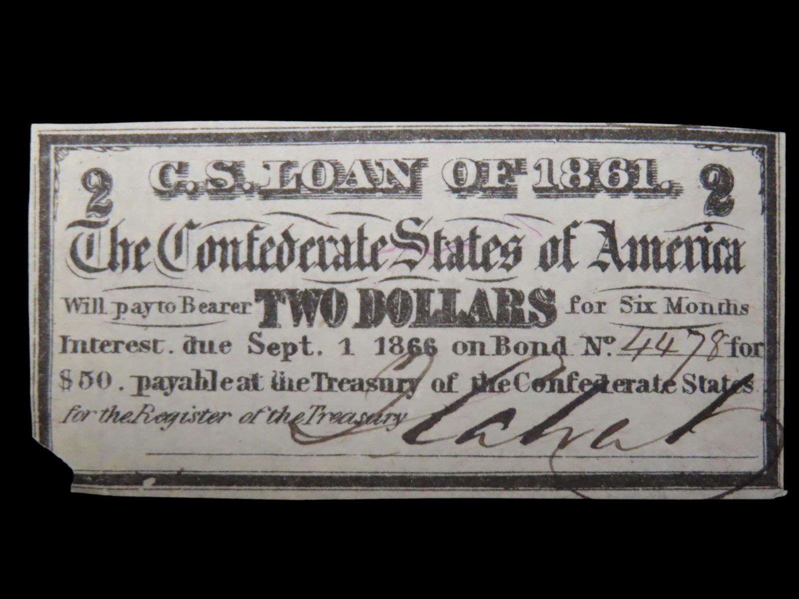 Civil War Confederate Currency $2 Bond Note, Dated 1861, Great Piece Of ...