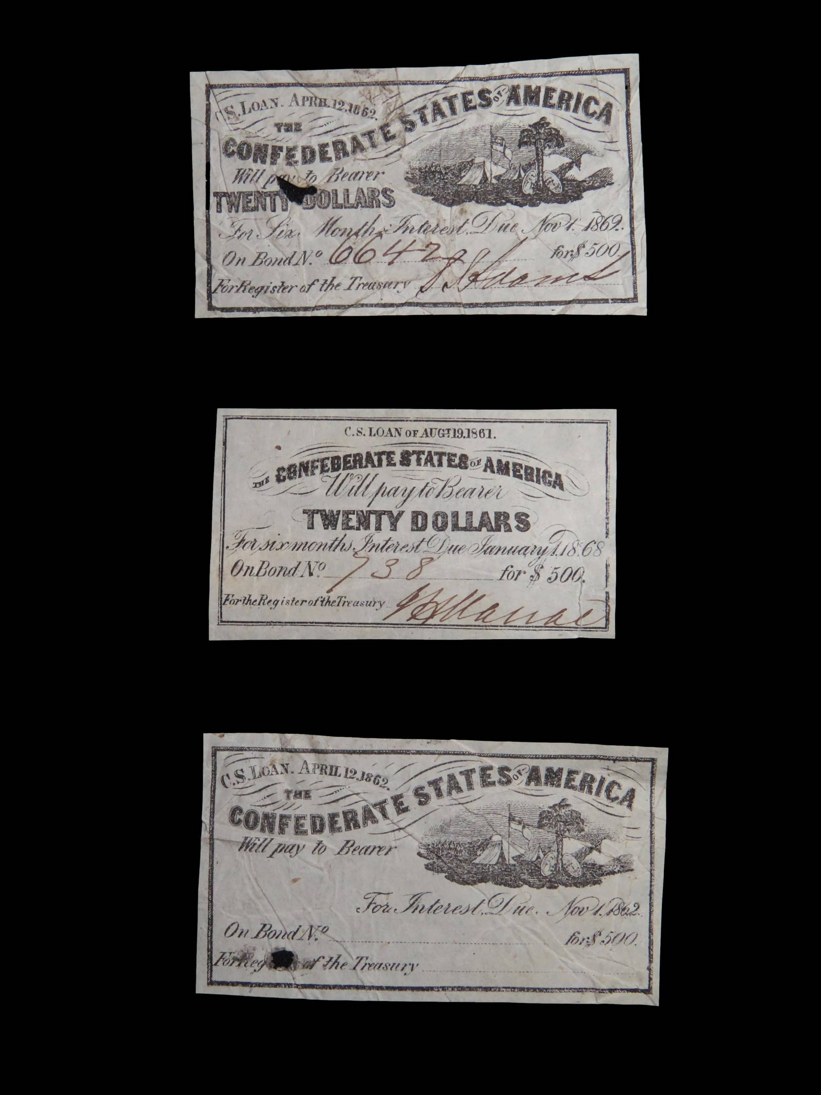LOT OF 3 CONFEDERATE CIVIL WAR CURRENCEY BOND NOTES, TWO $20 NOTES ...