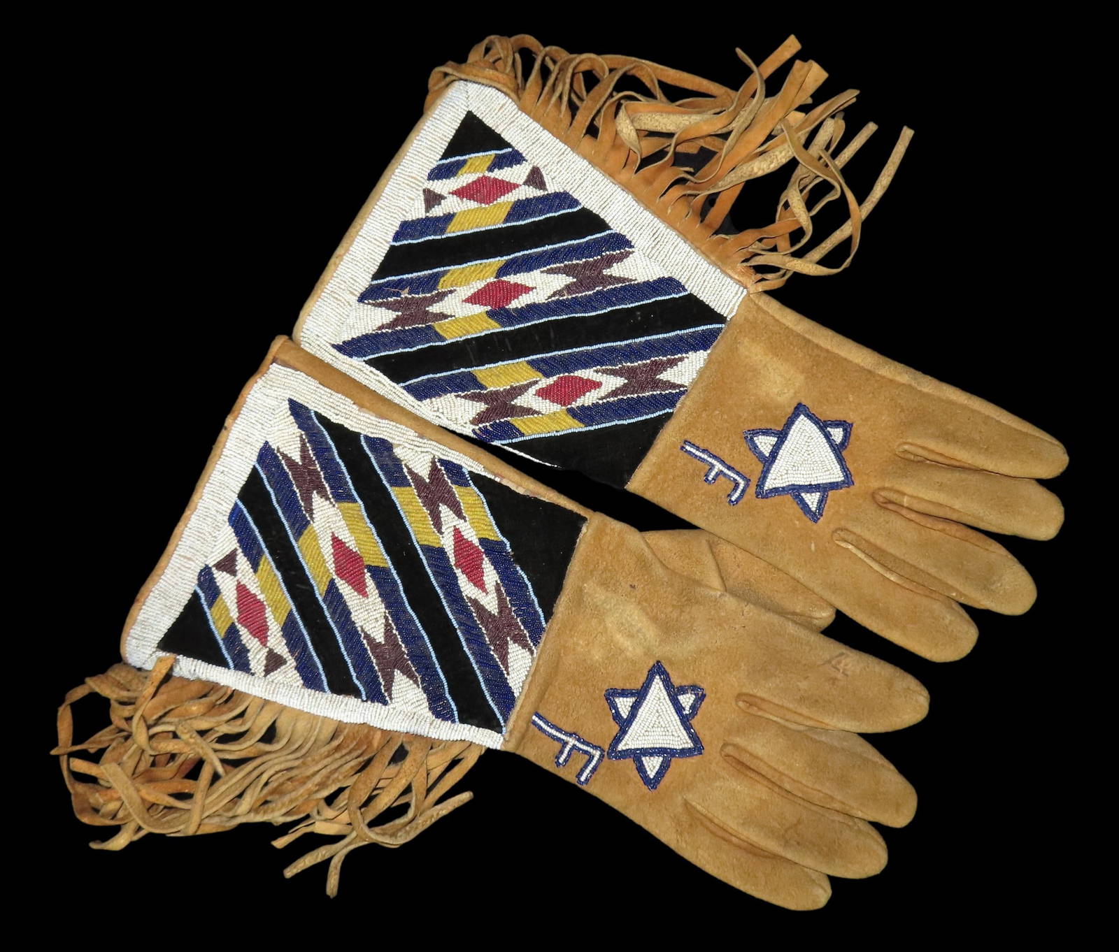 Vintage Western Rodeo Gauntlets, Fringed And Beaded Hide, With Initial ...