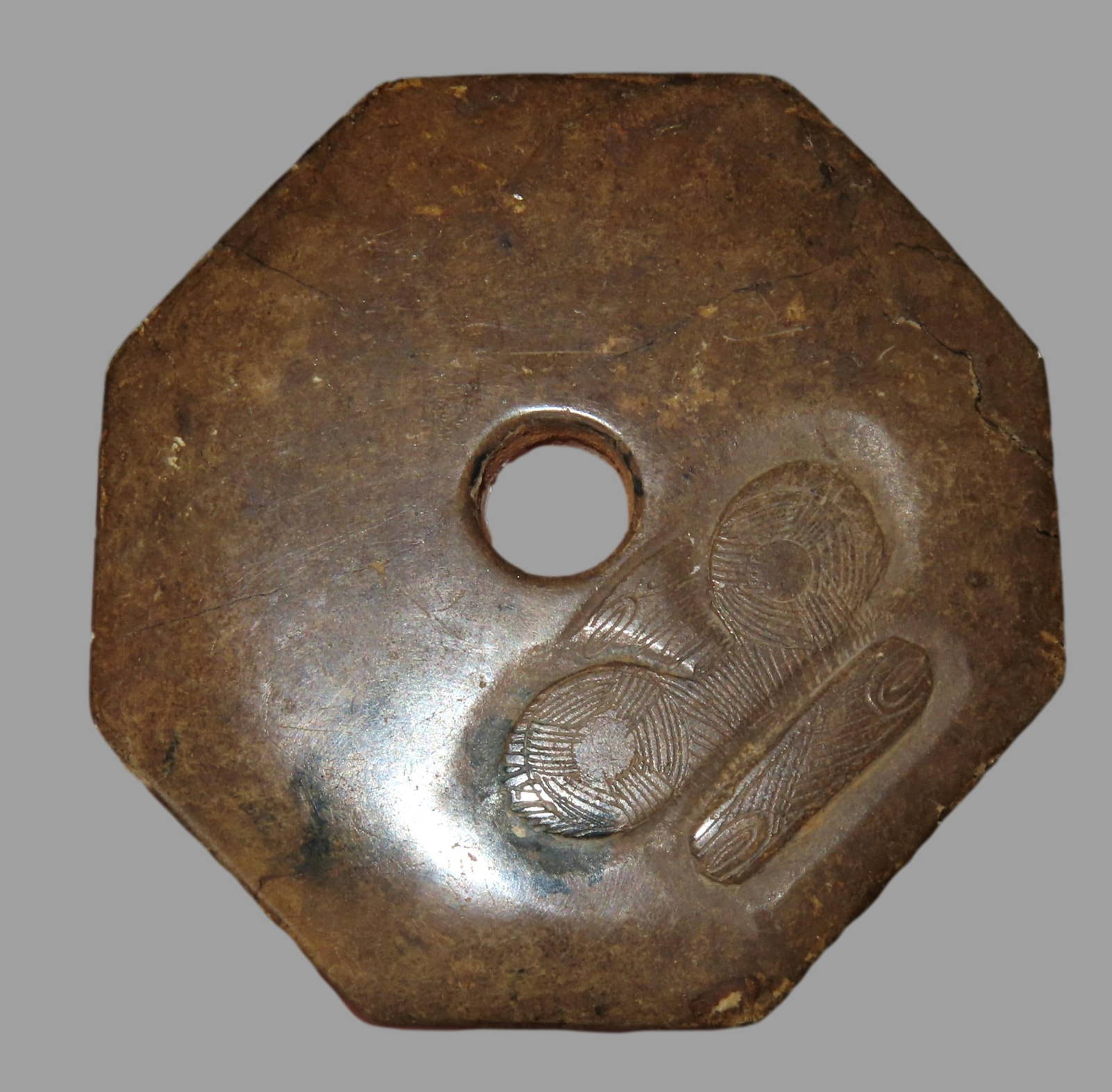 2 5/8" 6-sided Engraved Jade Pendant, Chinese Neolithic Period, Liang ...