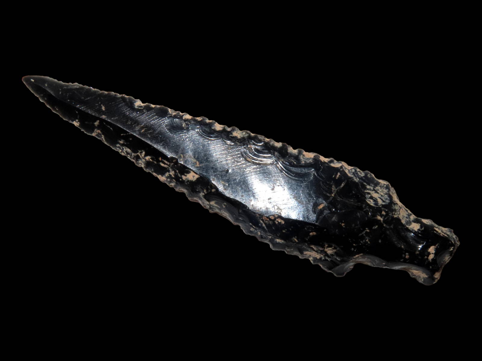 Incredible 3 3/4" Mayan Obsidian Dagger / Spear, Nicely Flaked And Well Patinated, Highly Auction