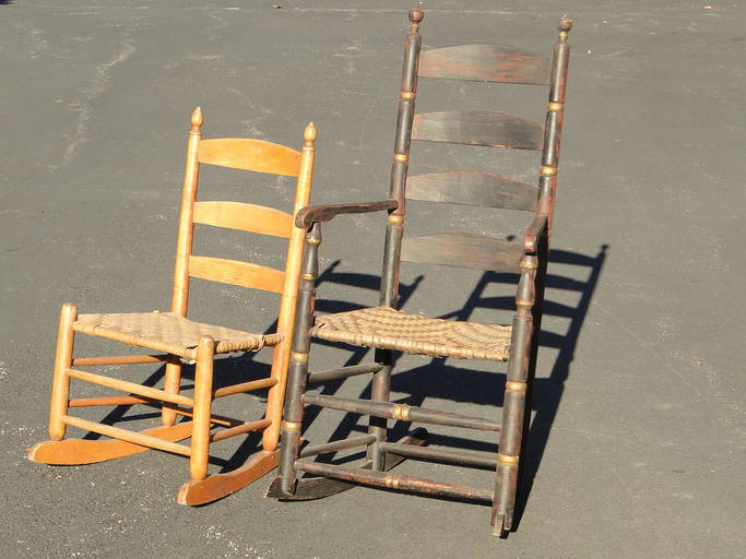 Two Primitive Ladder Back Rocking Chairs