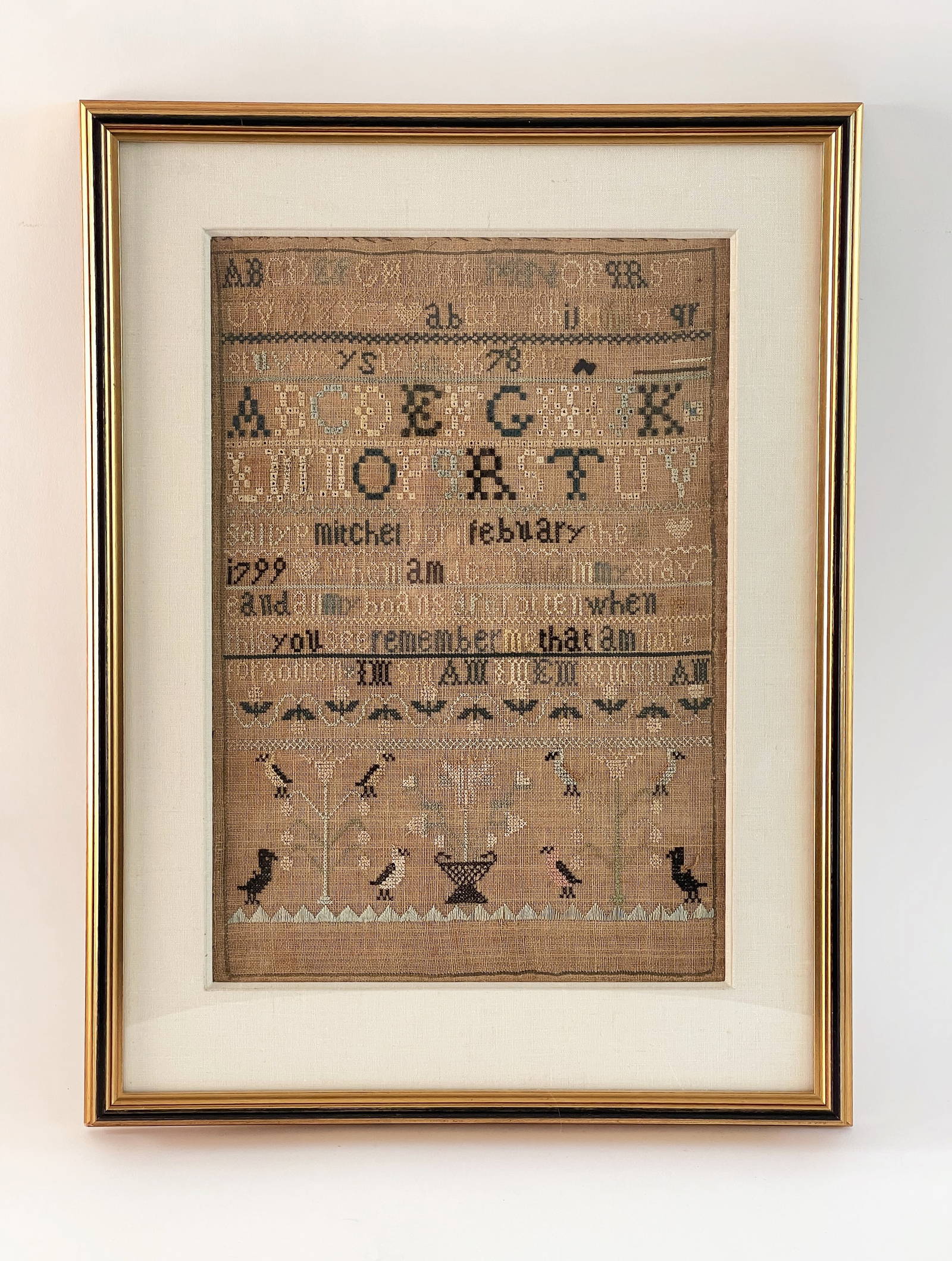 Sampler Signed Sally P Mitchell And Dated 1799 With Bird And Plant Auction
