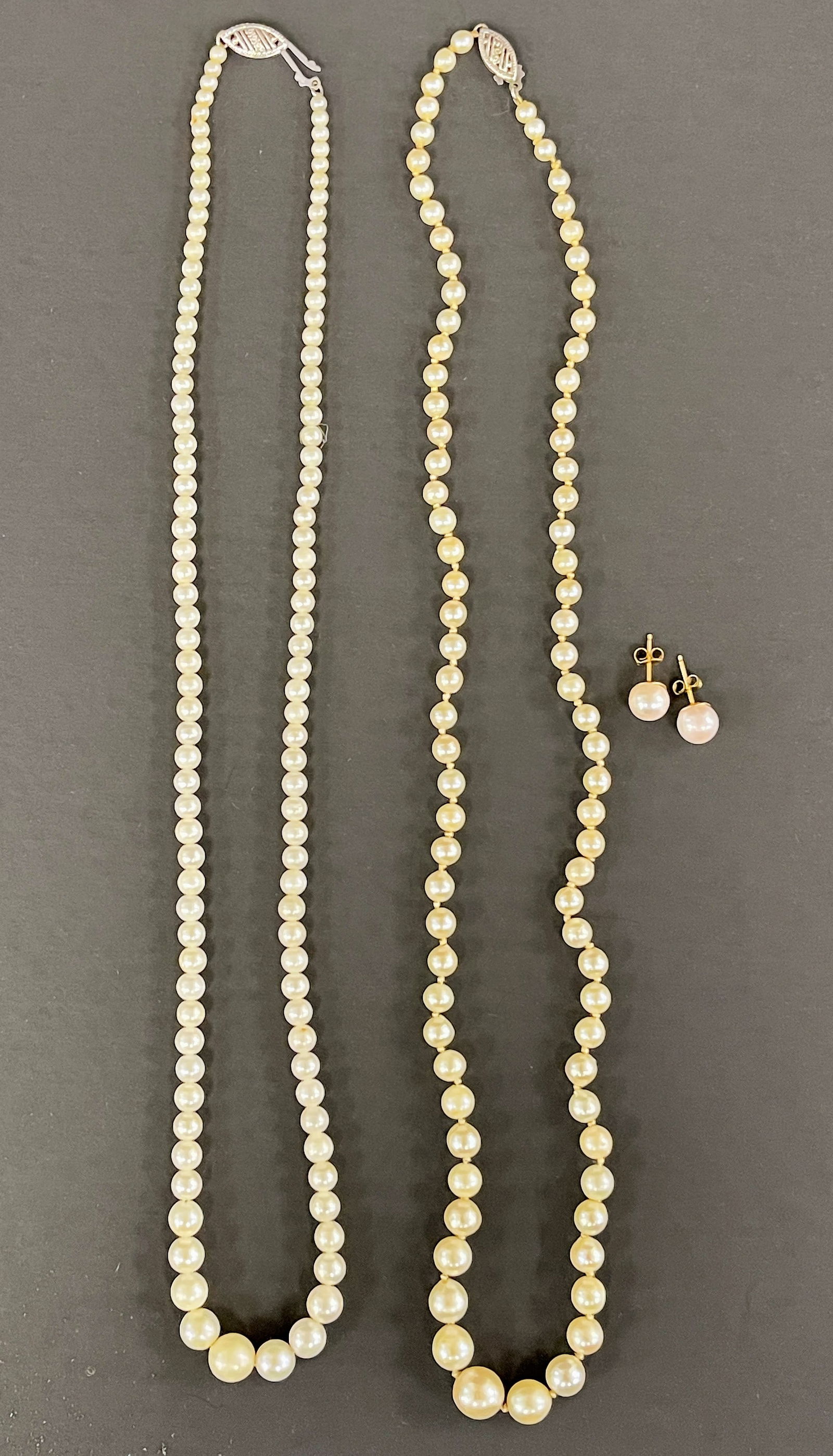 Two Strands Of Pearls With 14k Clasps W/ Pair Of Pearl Earrings Marked ...