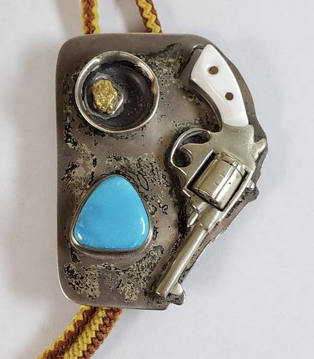 Old West Sterling & Turquoise Bolo Tie Gold Nugget & Revolver