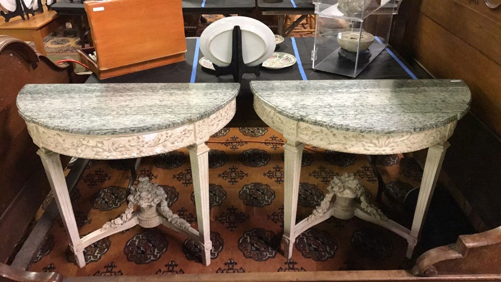 Two Marble Top Half Round Entry Tables