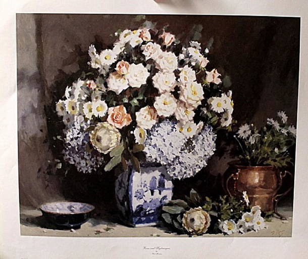 Roses & Hydrangeas Pat Moran Lithograph