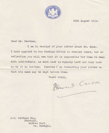 1915 (19 August) Edward Carson Letter