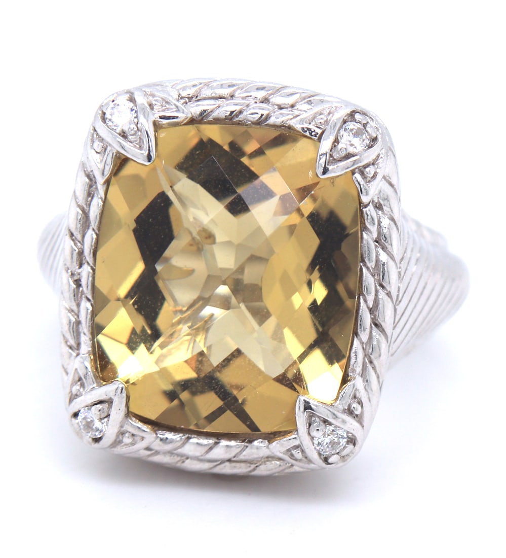 Judith Ripka 925 Sterling Silver Emerald Cut Citrine Ring Auction