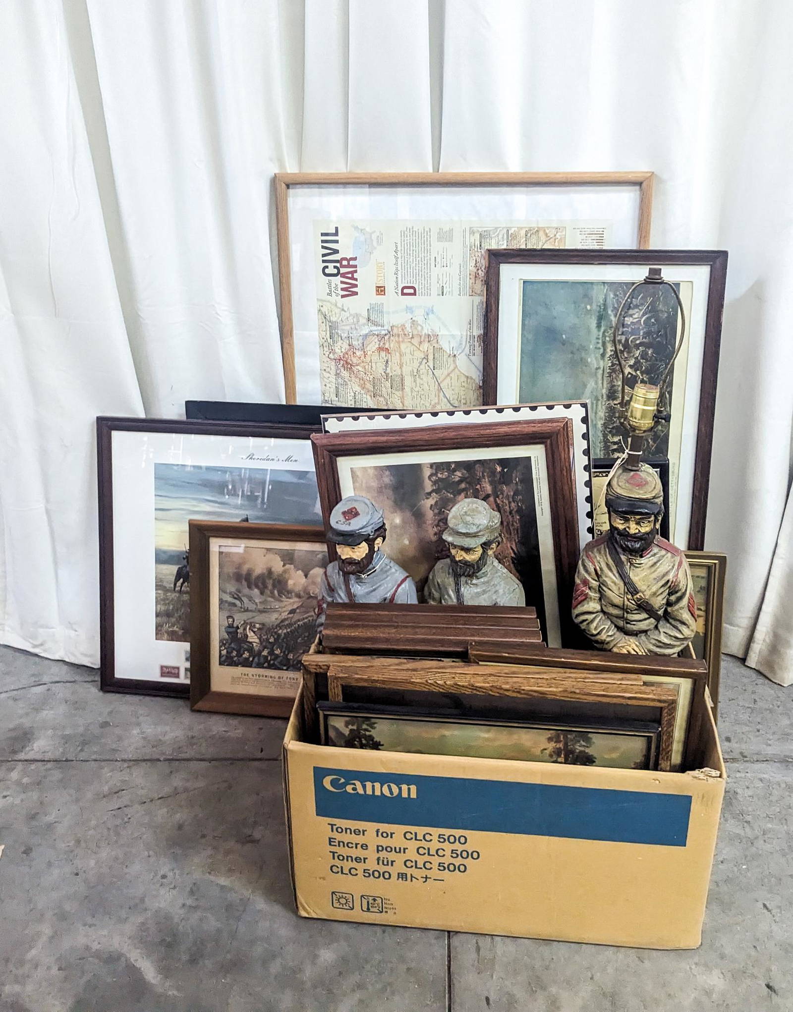 Large Lot Of Civil War Frames, Lamp, And Figures Auction