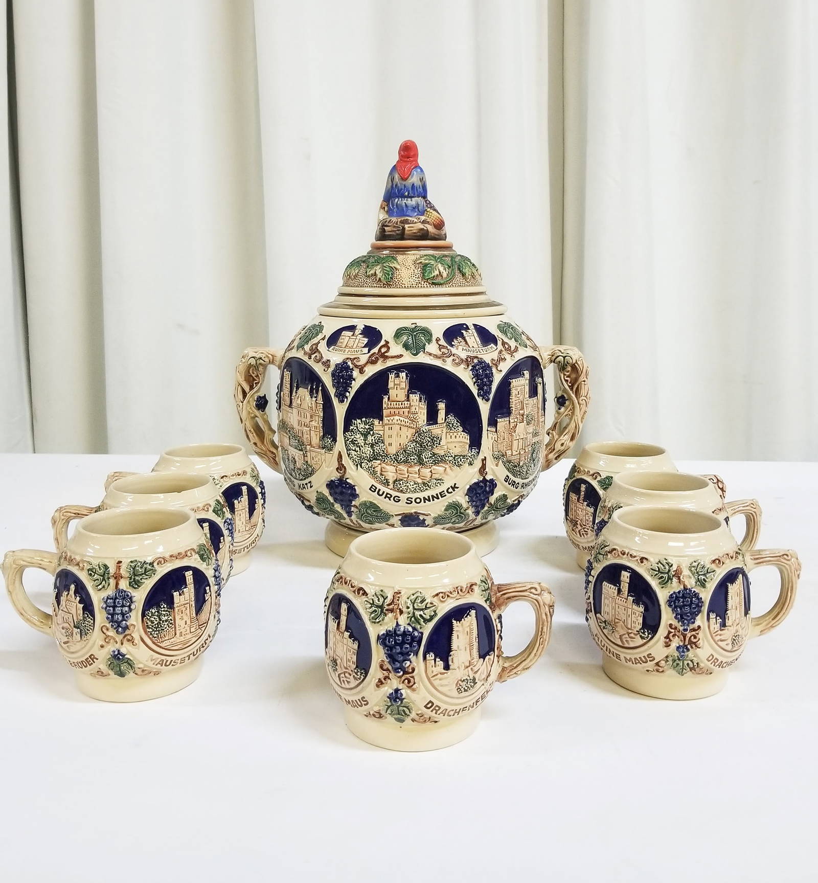 German Gerz Punchbowl And Seven Cups, Depicting German Castles Auction