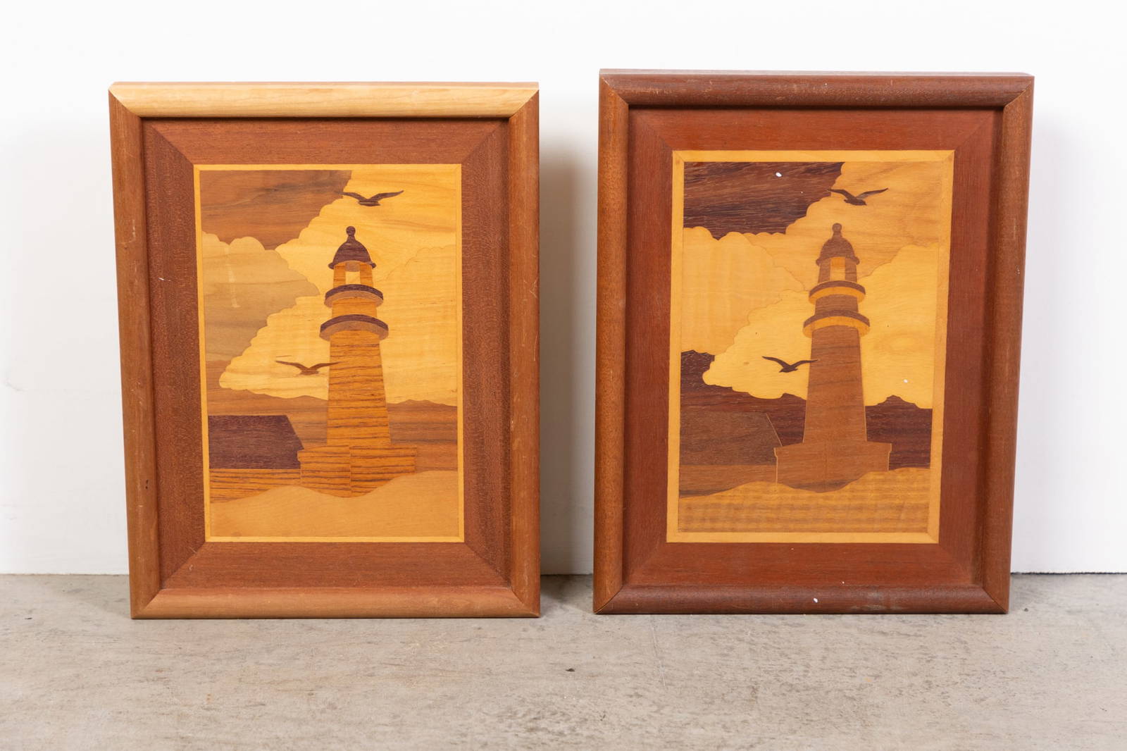 Two Framed Wooden Inlay Lighthouse Scenes Auction