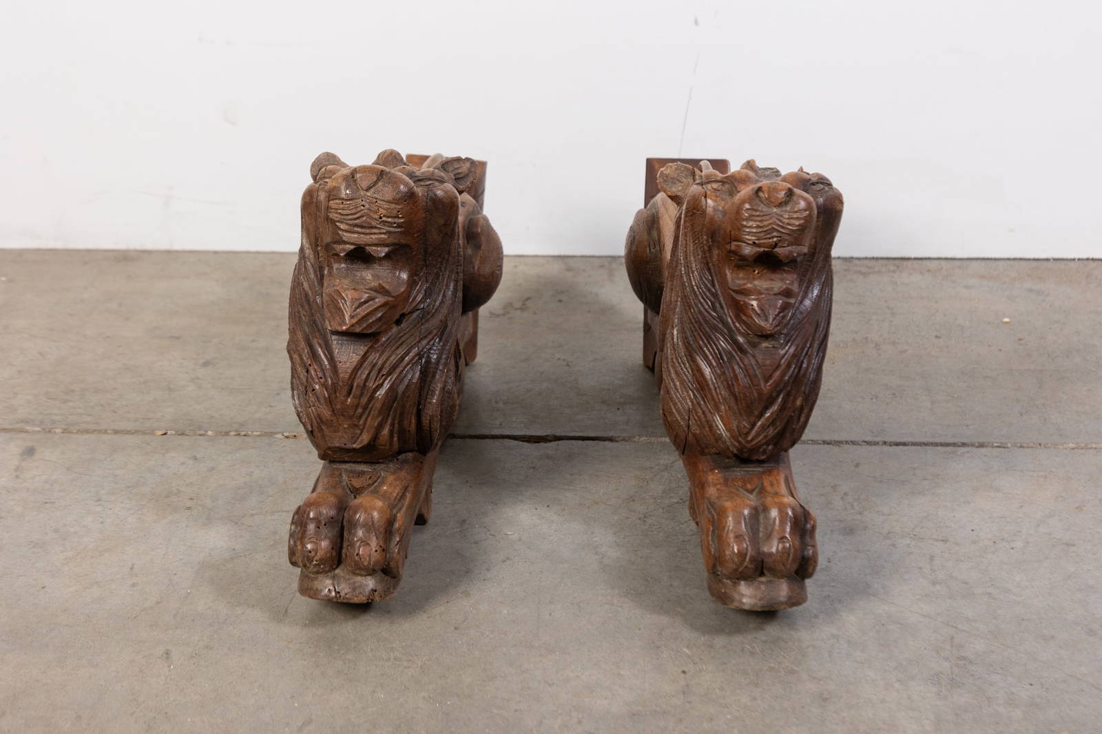 Pair Of Carved Wooden Gothic Lions Auction