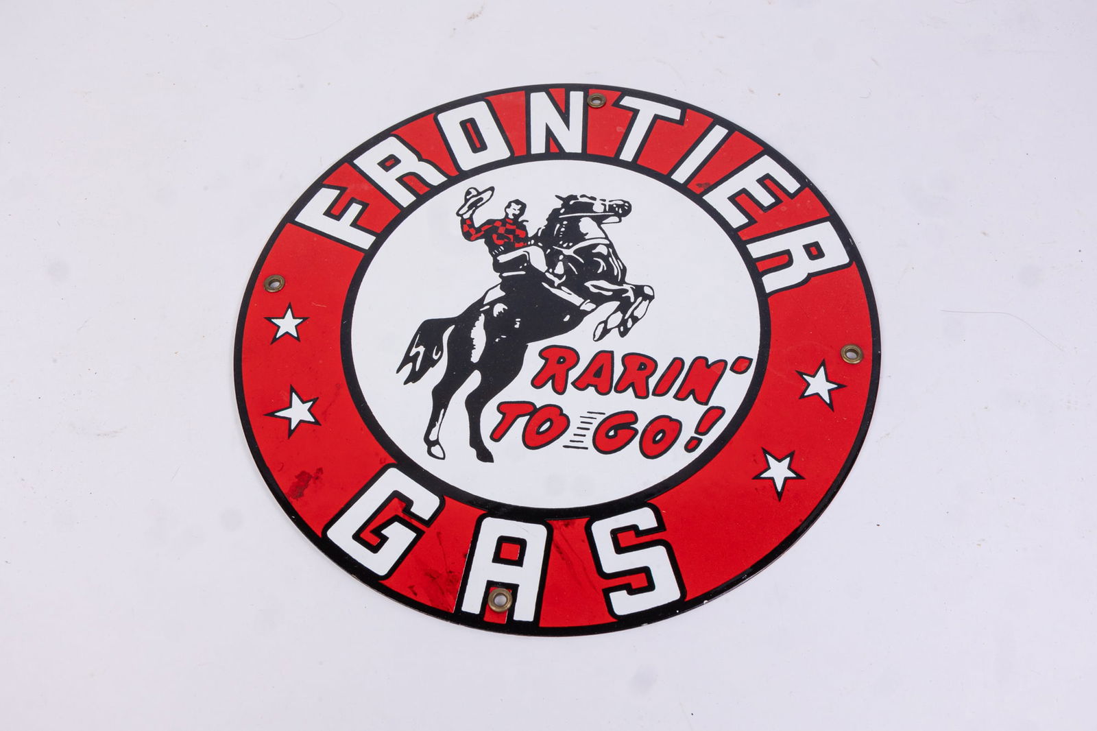 Vintage 1960s Porcelain Enamel Sign, Frontier Gas, "rarin' To Go!" Auction
