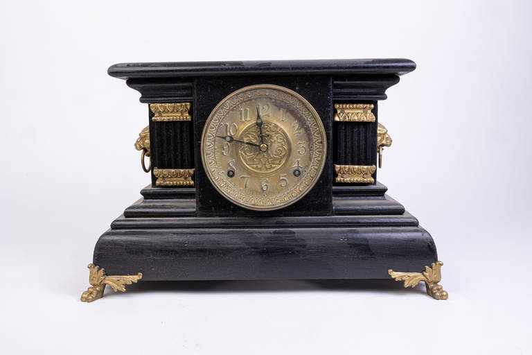 Antique Wood Mantle Clock With Lion's Head Detail