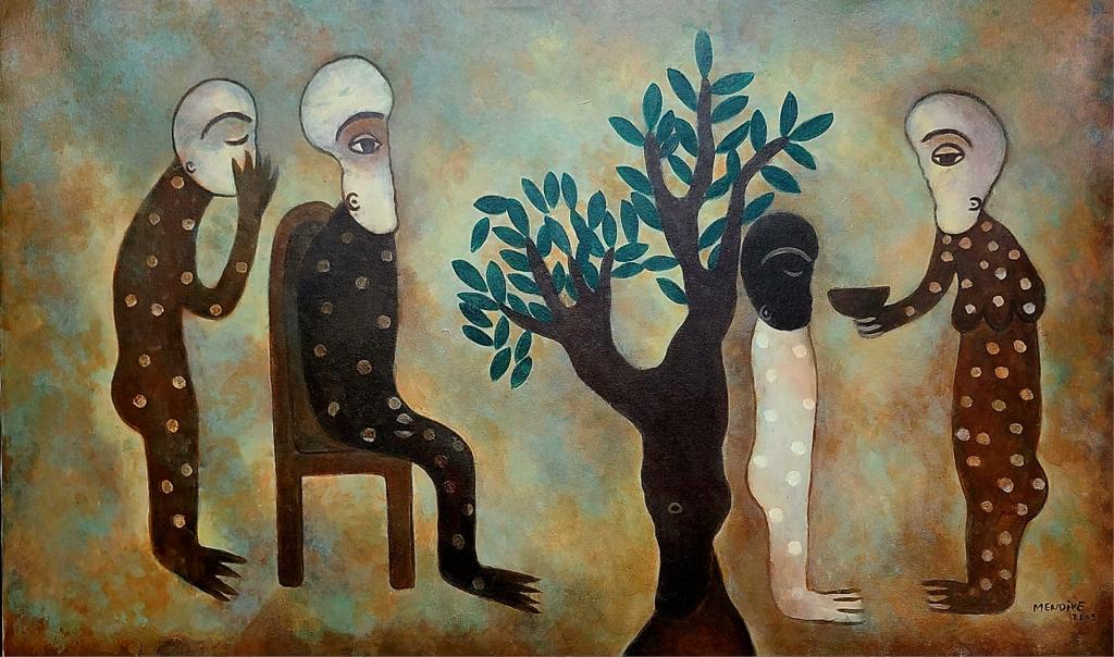 Manuel Mendive Cuban (large Acrylic On Canvas Painting) Style Of Auction