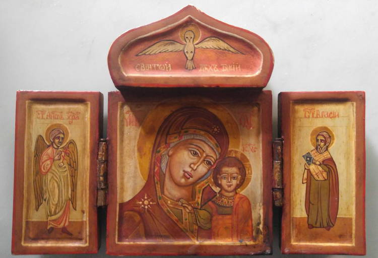 Antique Mother Of God Russian Triptych Icon